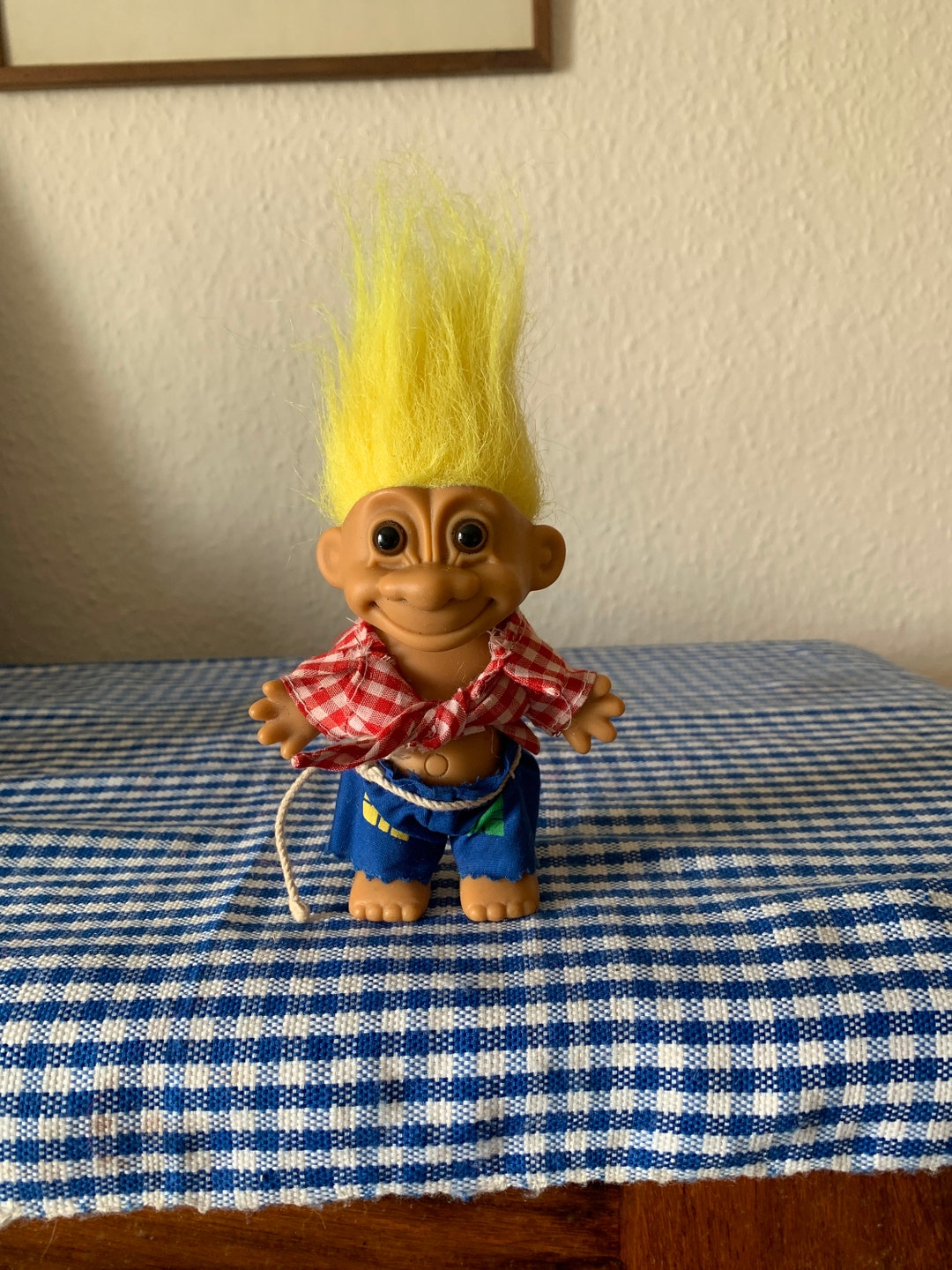 Vintage, Russ, Yellow Hair, Farmer, Troll, Doll, Figure, Check Shirt ...