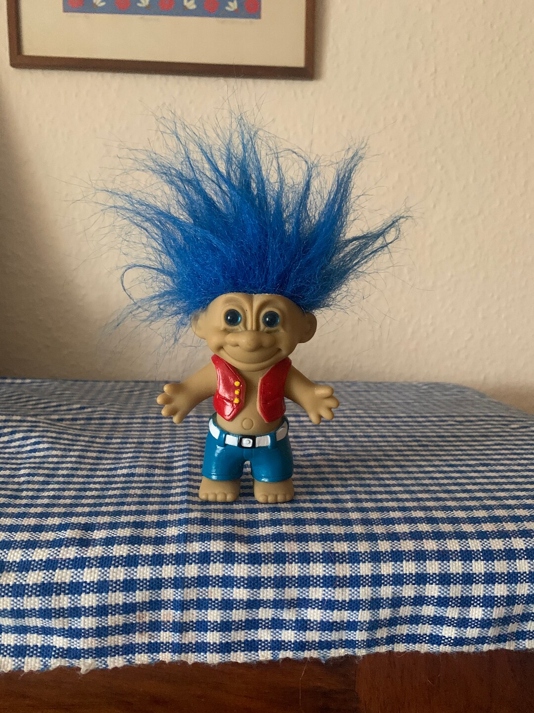Vintage, Blue Hair, Troll, Doll, Figure, in Jeans and Waistcoat, Retro ...