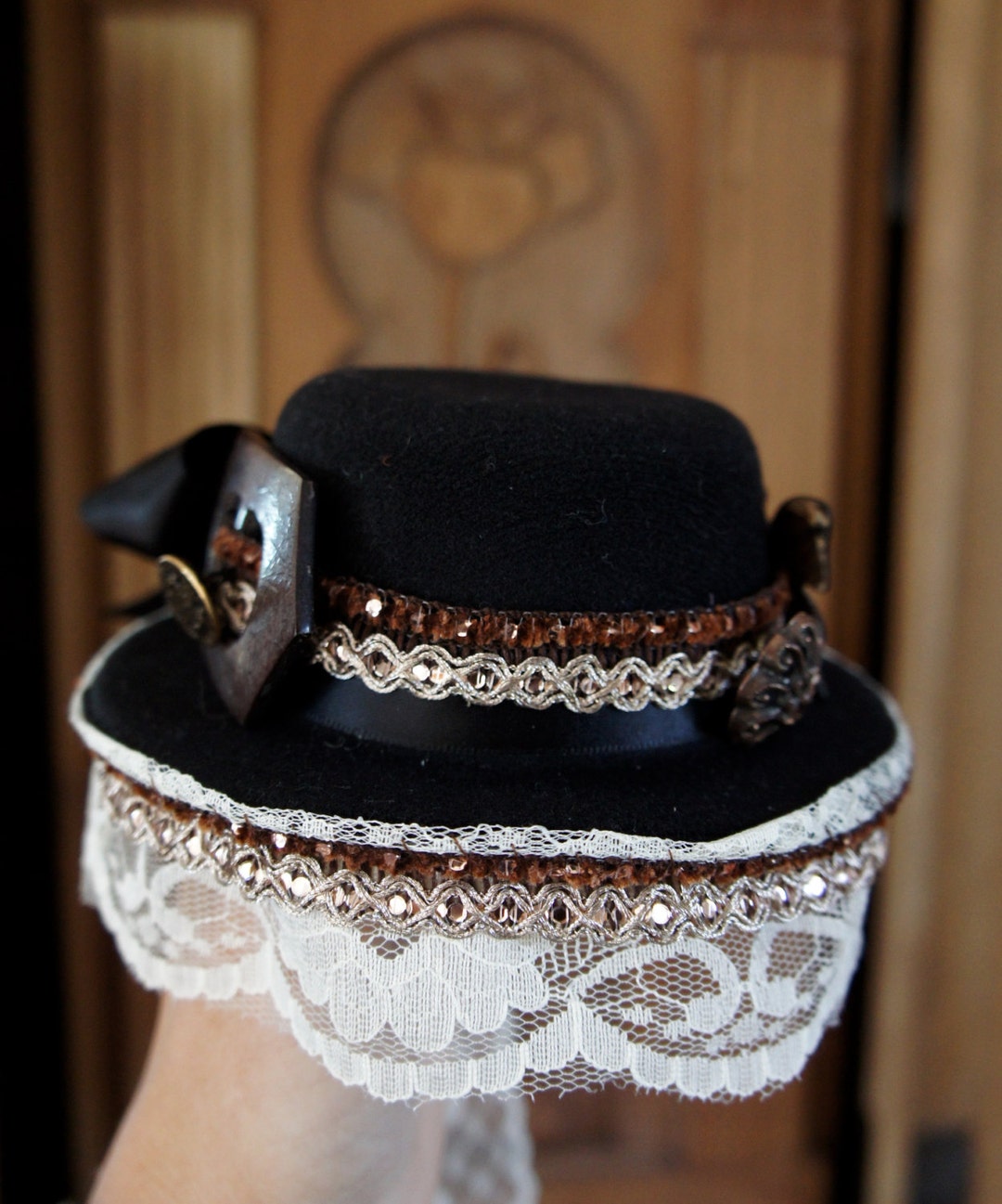 One of A Kind Steampunk Mini Bowler Hat Fascinator With Brown and Gold ...