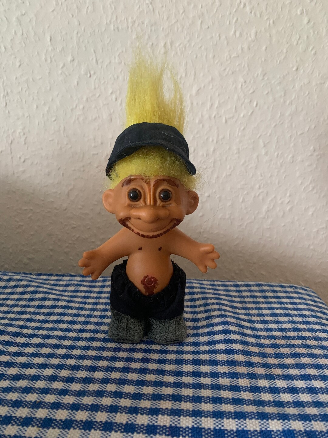 Vintage, Russ, Yellow Hair, Troll, Doll, Figure, in Black Trousers, Cap ...