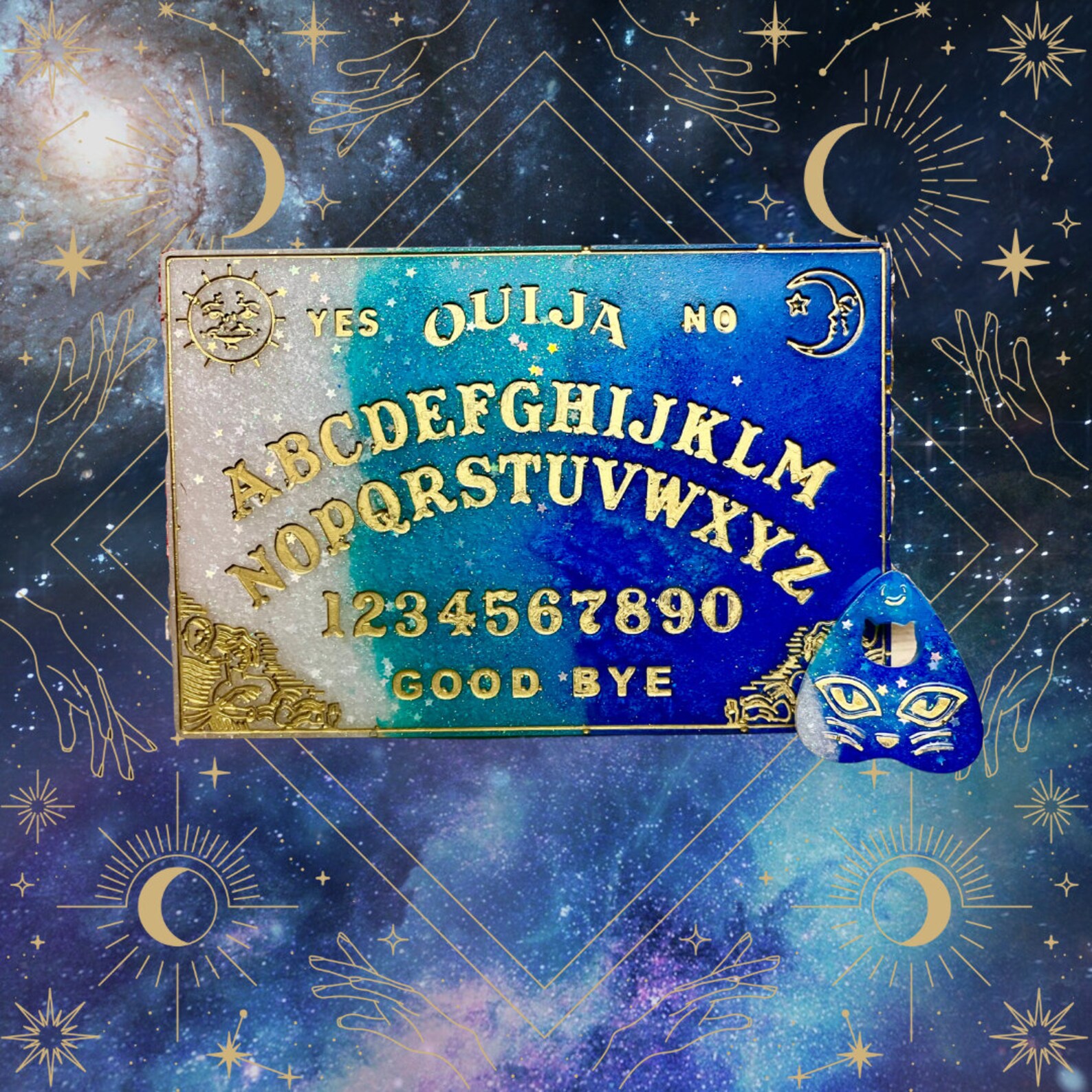 Ocean Blue and Gold Handmade Talking Spirit Board W/ Planchette Ouija ...