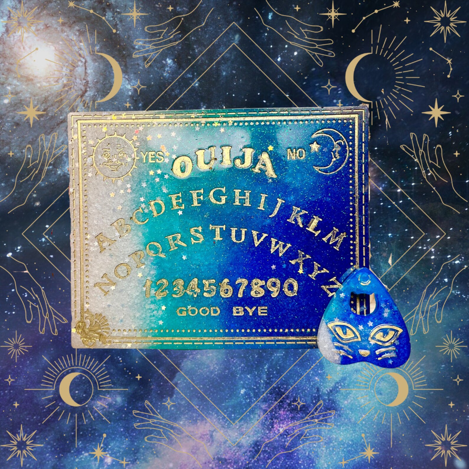 Ocean Blue and Gold Handmade Talking Spirit Board W/ Planchette Ouija ...