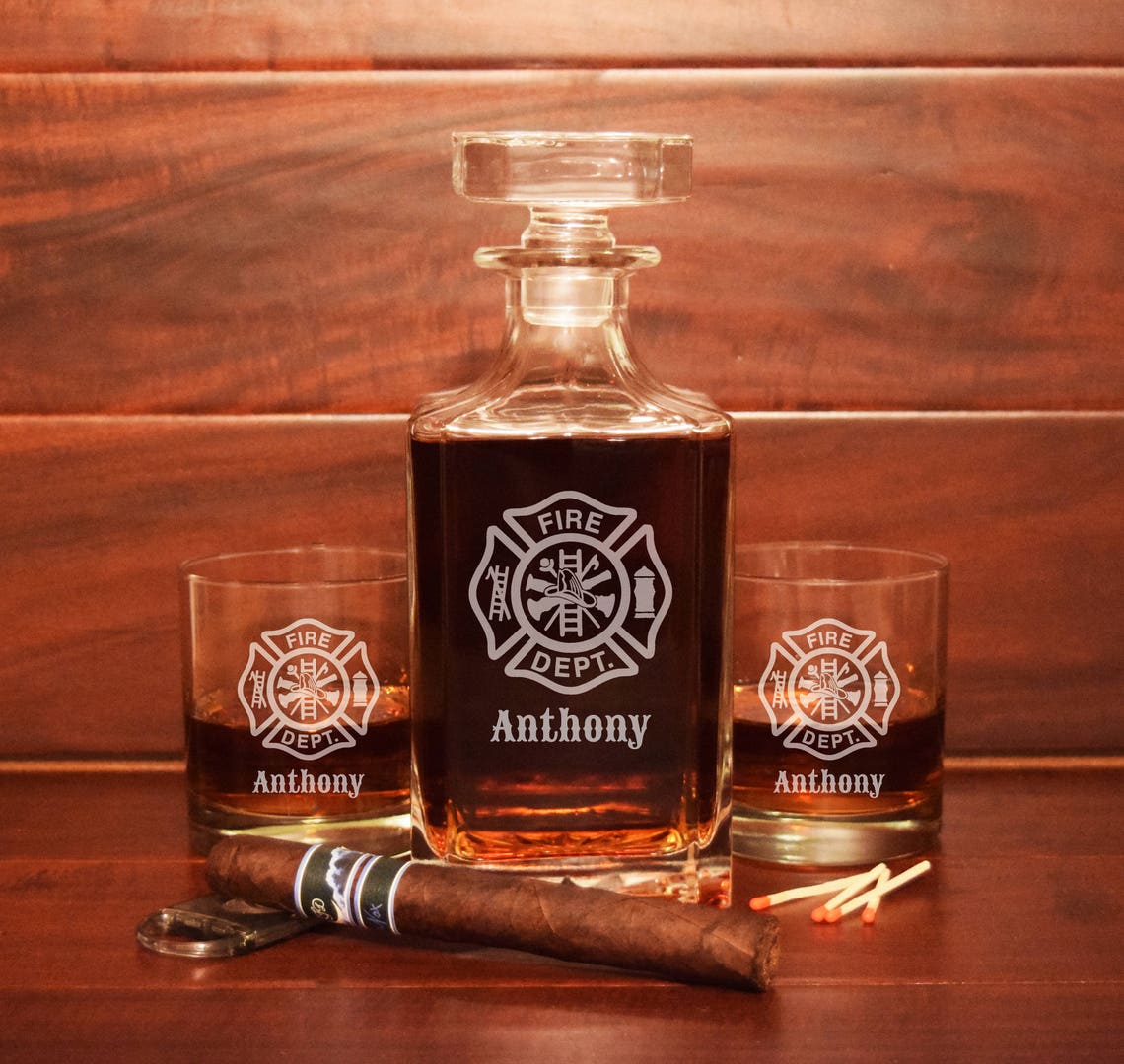 Firefighter Decanter Set Personalized Fireman Glass Set - Etsy