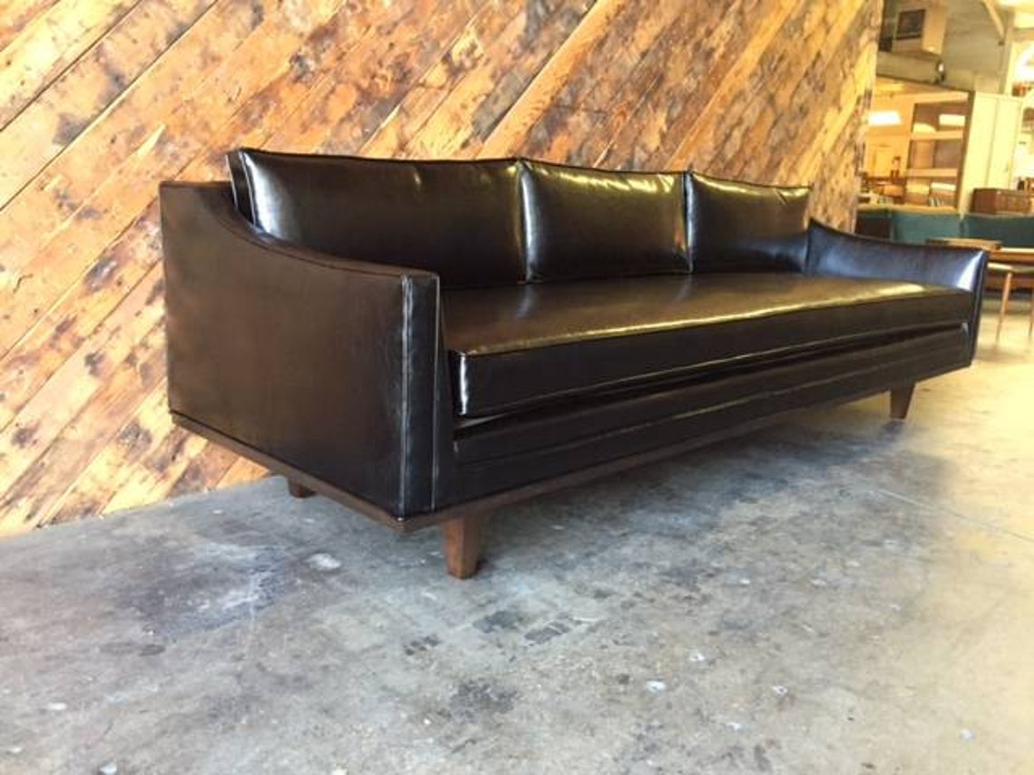 Mid Century Style Black Vinyl Sofa With Walnut Trim MADE TO - Etsy