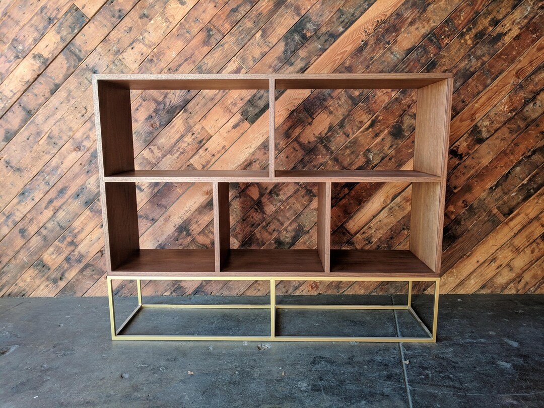 Custom Walnut Book/record Shelf With Brass Colored Metal Base - Etsy