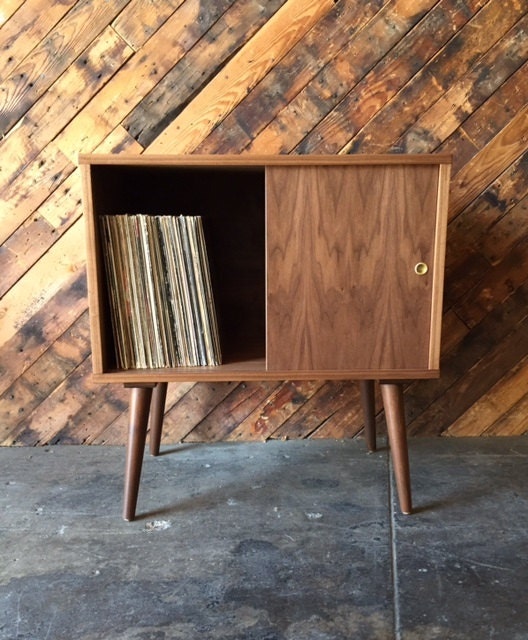 Mid Century Style Custom Walnut Record Bar Cabinet | Etsy