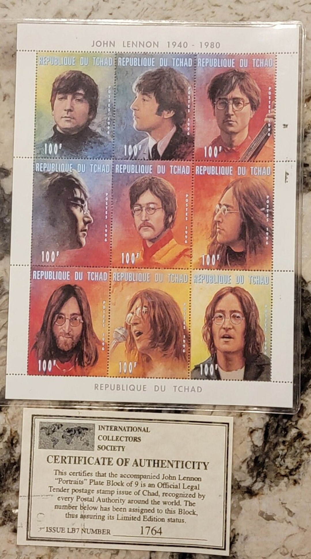 John Lennon 1940-1980 Certified Postage Stamp Collectable Item Souvenir ...