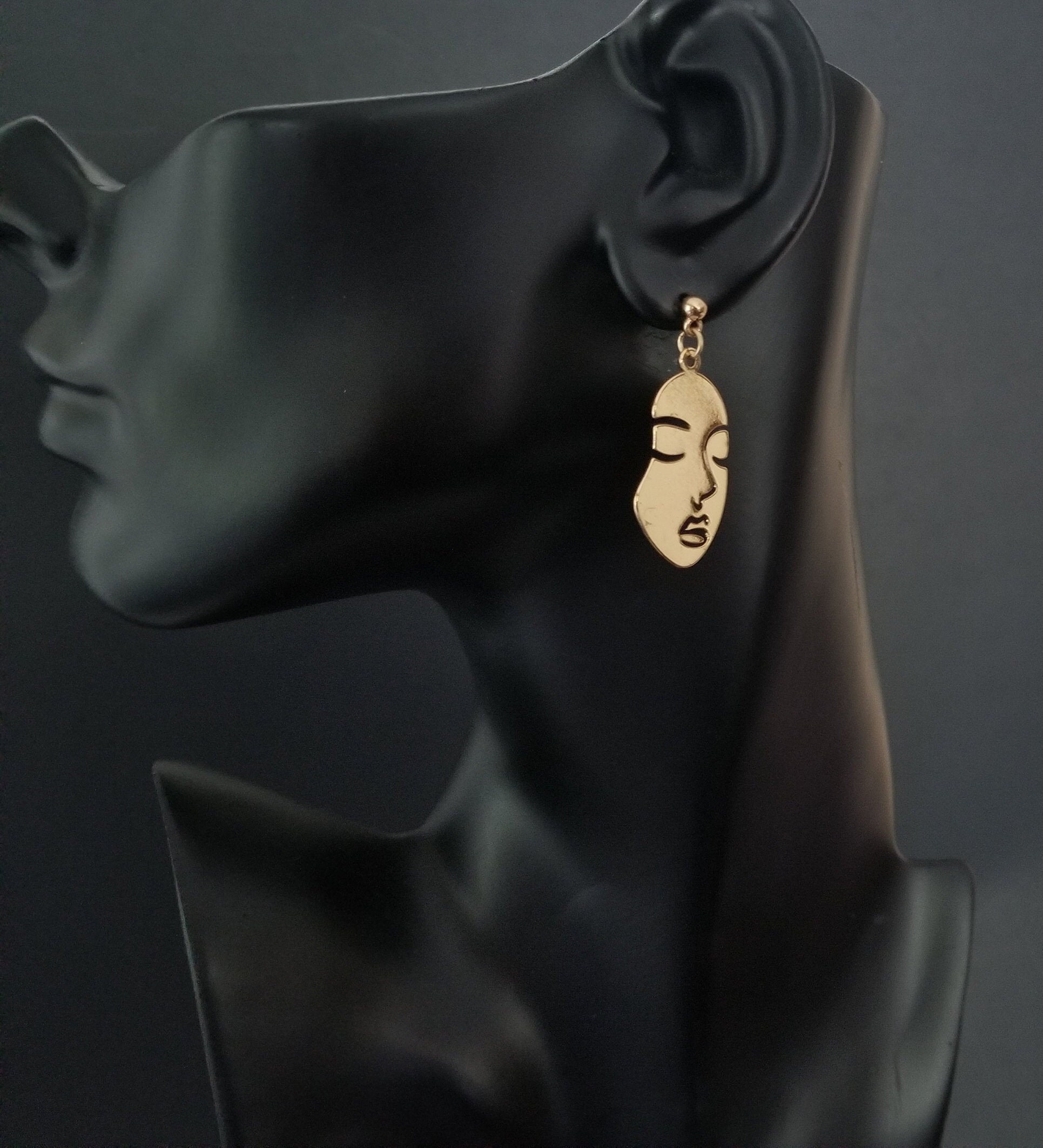 Face Earrings Mask Cute Drop Dangle Jewelry Abstract Face Gold | Etsy
