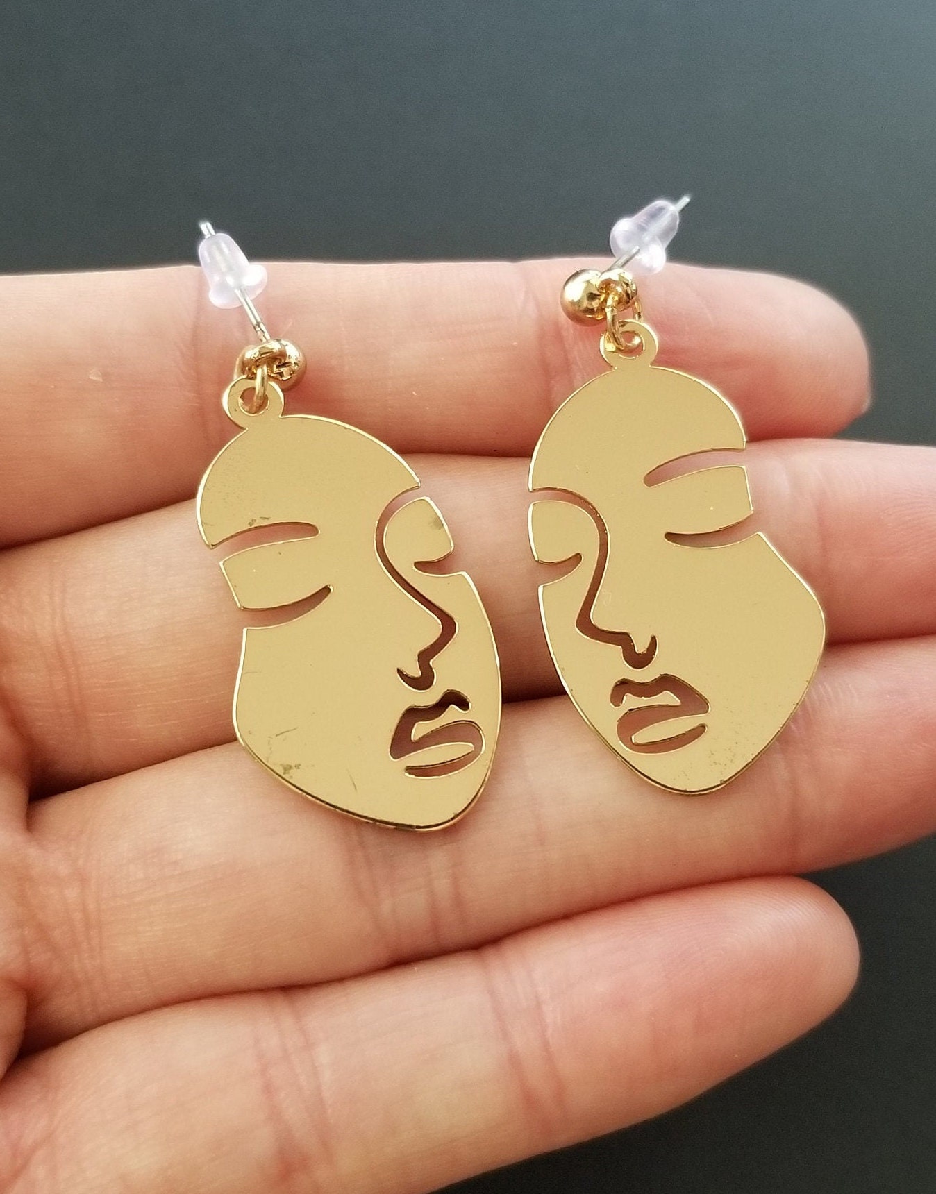 Face Earrings Mask Cute Drop Dangle Jewelry Abstract Face Gold | Etsy