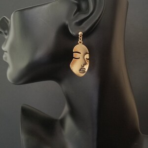 Face Earrings Mask Cute Drop Dangle Jewelry Abstract Face Gold Tone ...