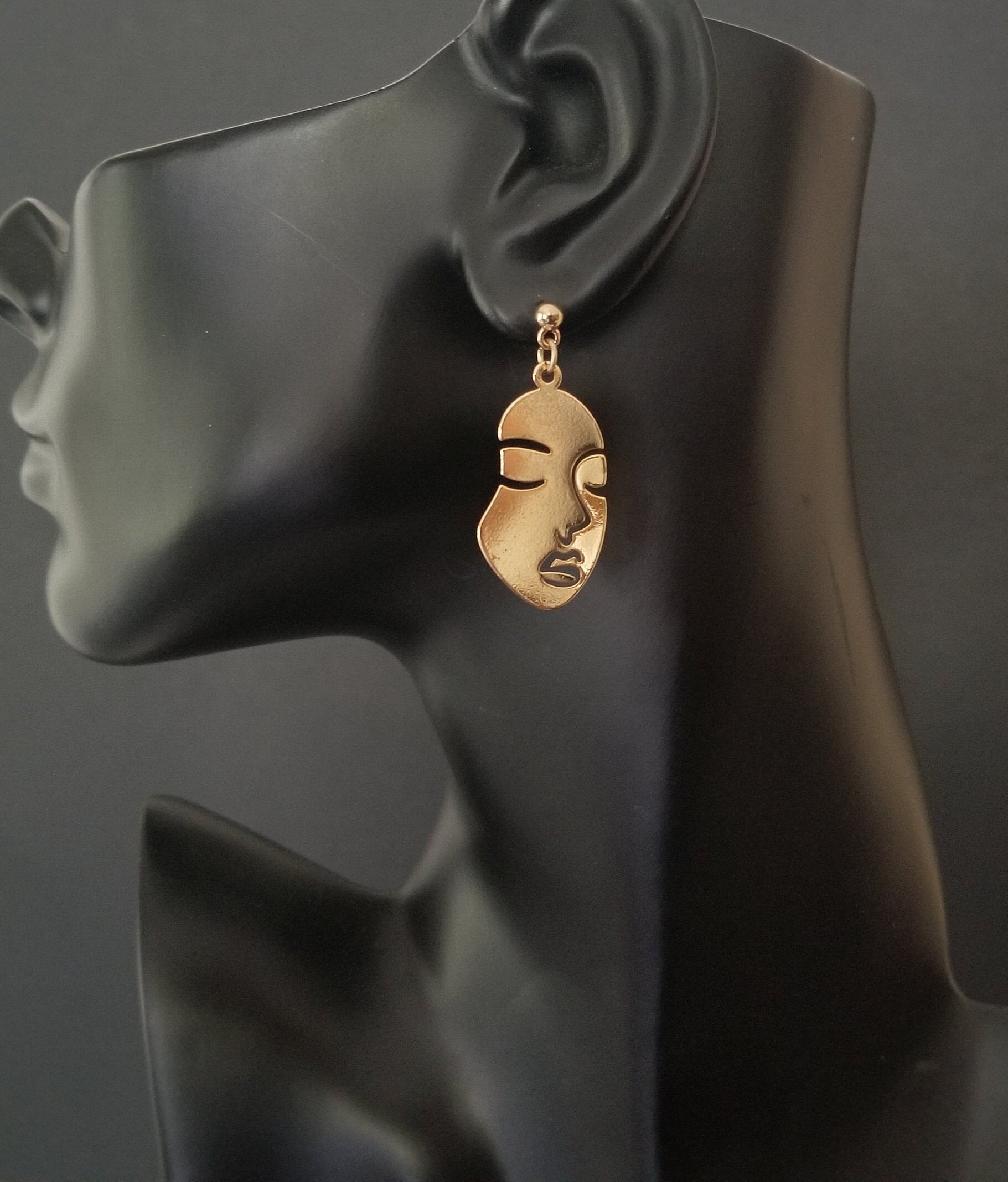 Face Earrings Mask Cute Drop Dangle Jewelry Abstract Face Gold | Etsy