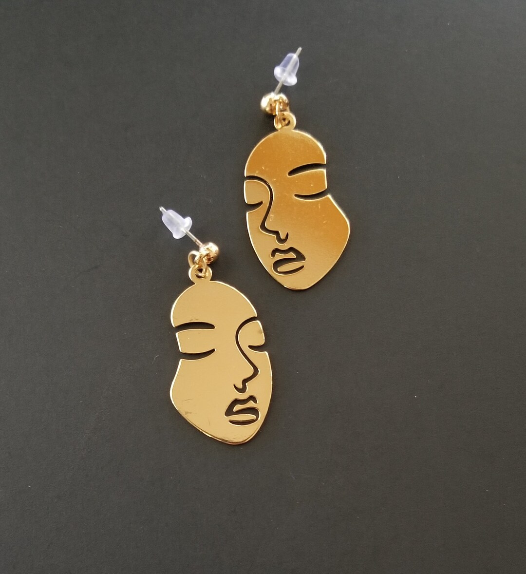 Face Earrings Mask Cute Drop Dangle Jewelry Abstract Face Gold Tone ...