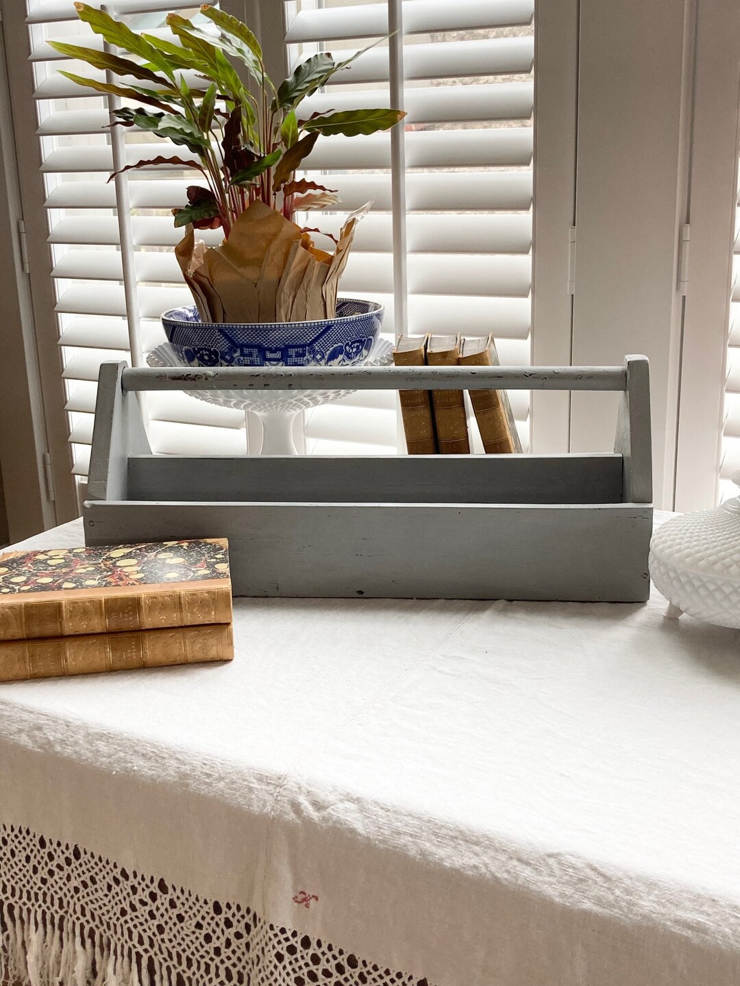 Vintage Handcrafted Painted Gray Wooden Tool Box W/ Handle Carpenters ...