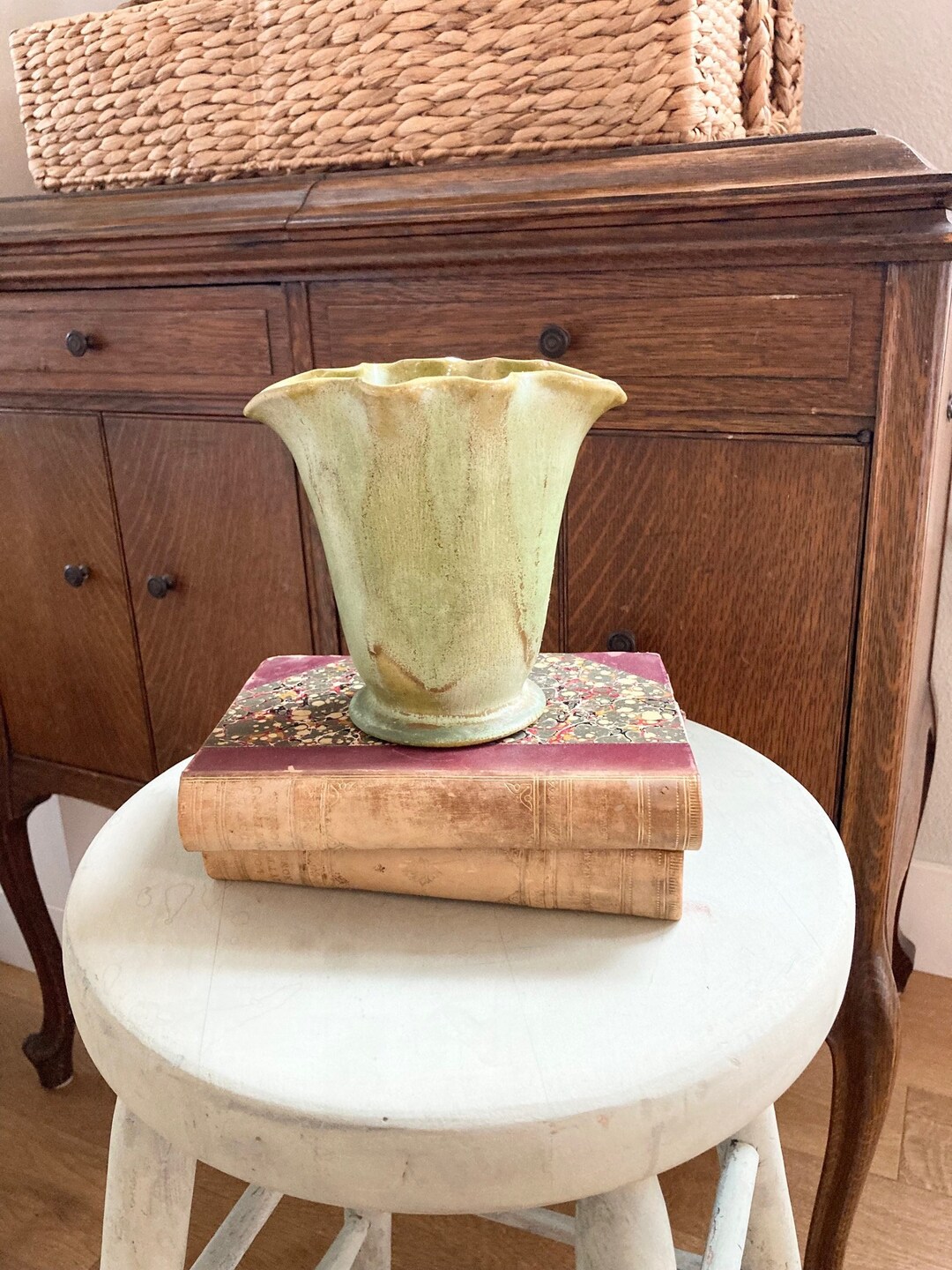 Vintage Mid Century Stoneware Vase With Scalloped Edges in Greens With ...