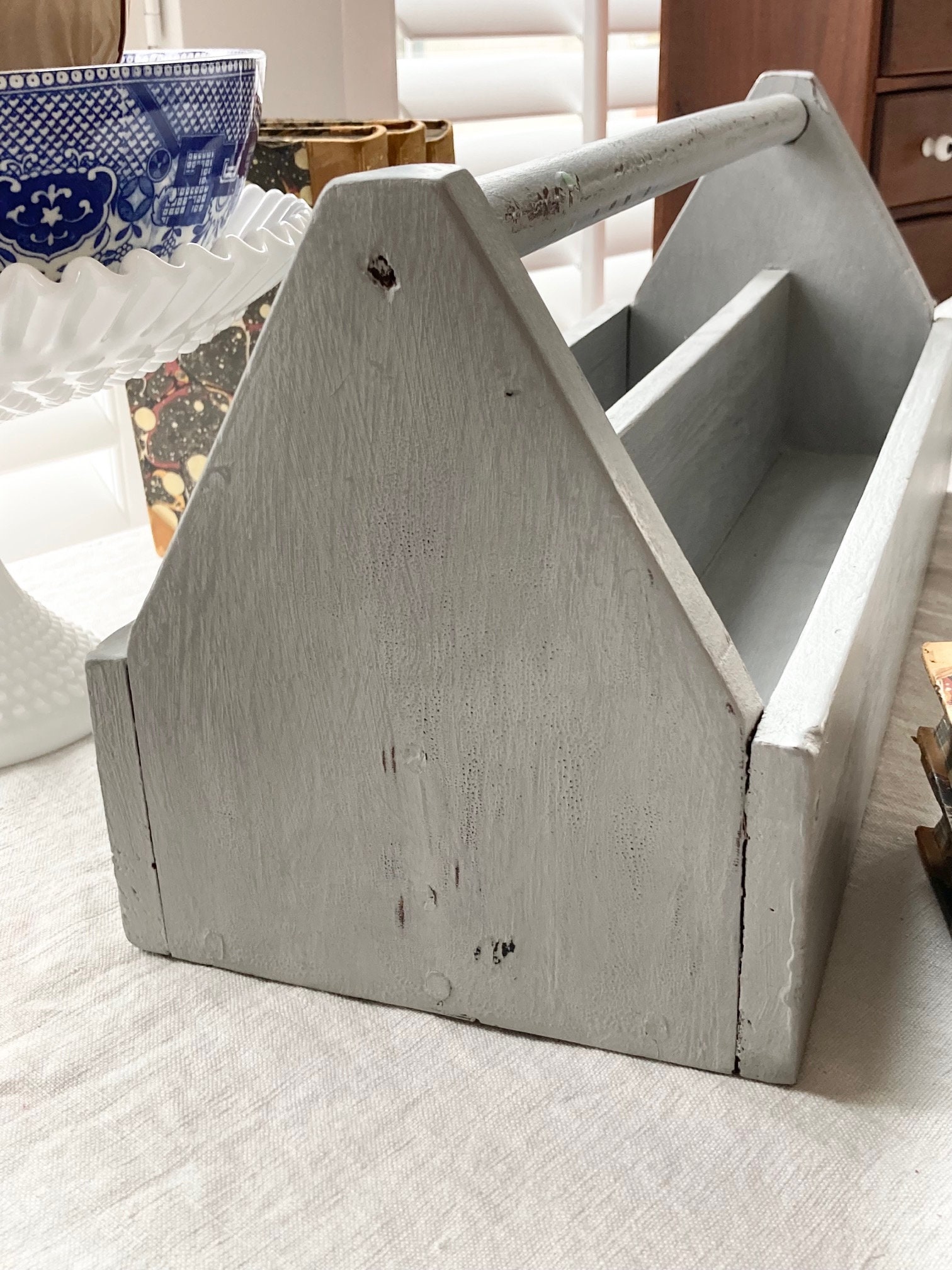 Vintage Handcrafted Painted Gray Wooden Tool Box W/ Handle Carpenters ...