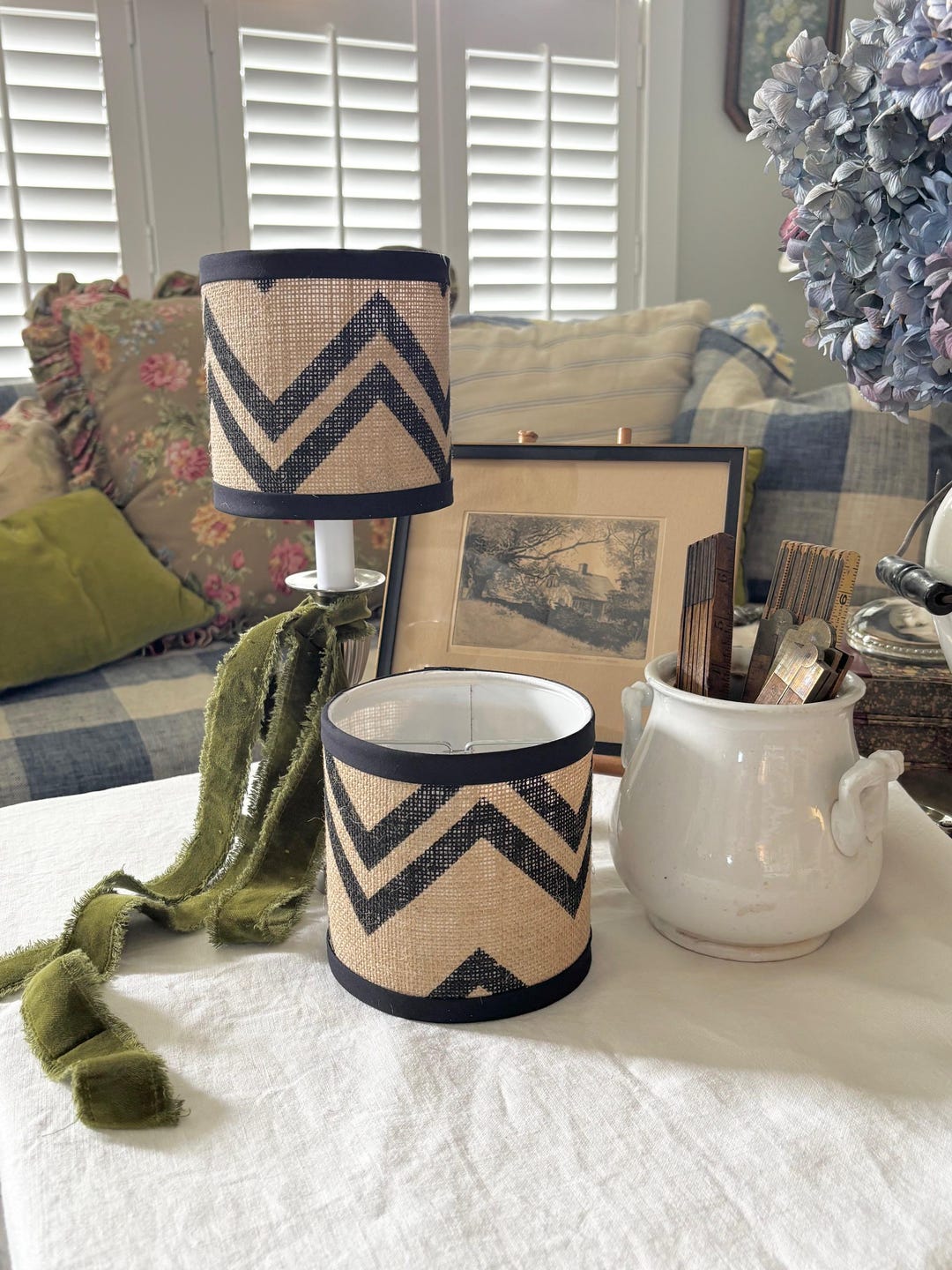 Vintage Black Chevron Burlap Drum Lampshades - Set of 2 Rustic ...
