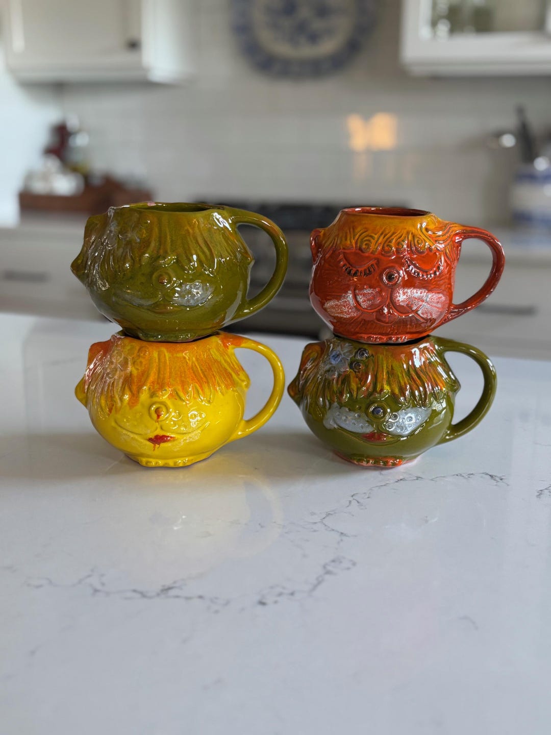 Vintage Pacific Stoneware Animal Face Mugs: Shaggy Dogs & Cat, Mid ...