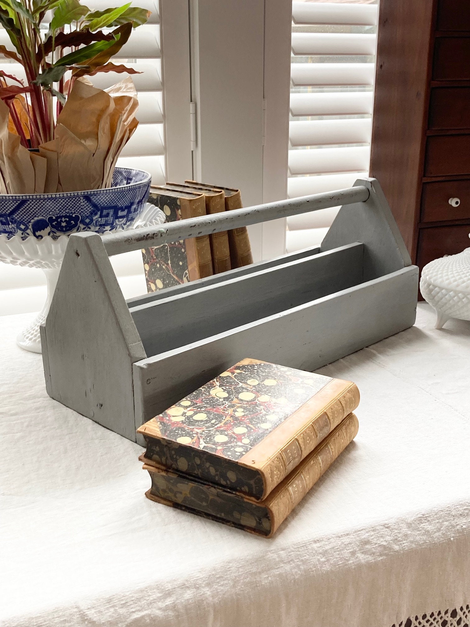 Vintage Handcrafted Painted Gray Wooden Tool Box W/ Handle Carpenters ...