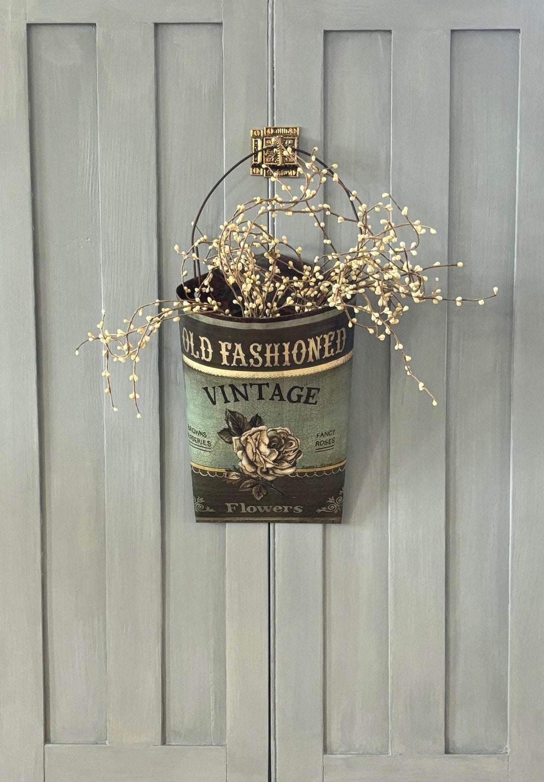 Galvanized Metal Hanging Rustic Wall Pocket / Planter in Turquoise With ...