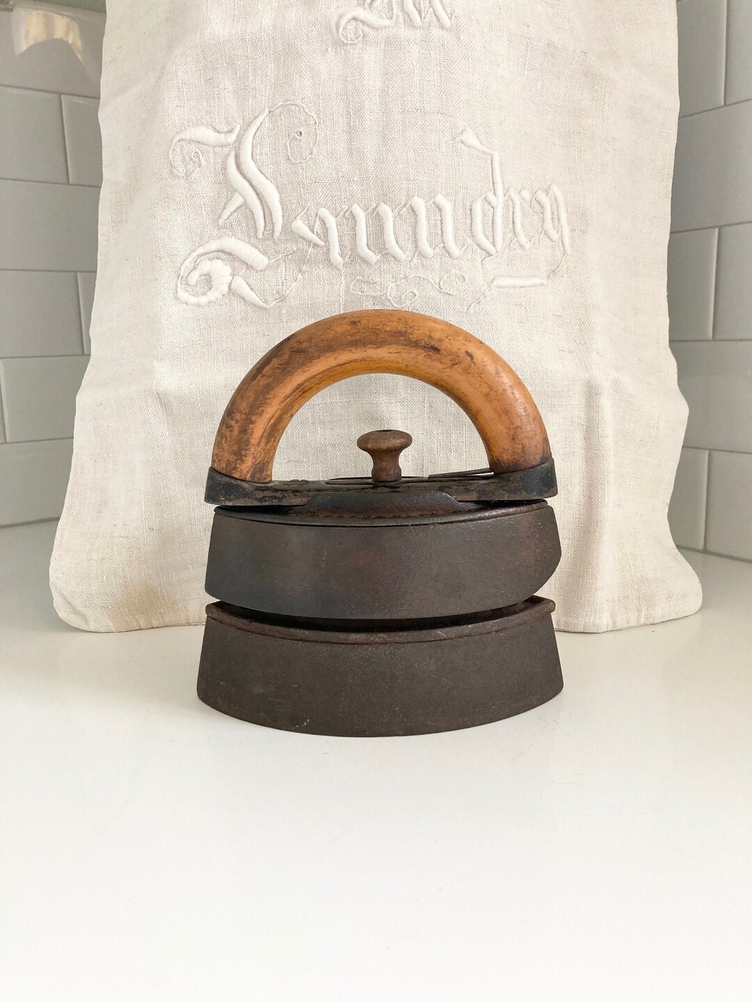 Two Antique Cast Iron Sad Irons With Interchangeable Detachable Wooden ...