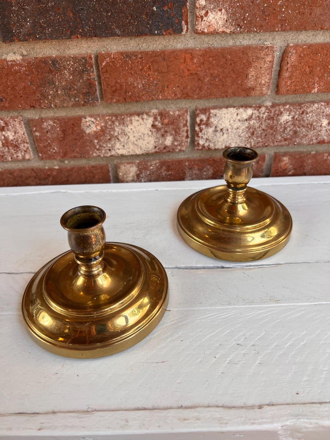 Vintage Pair Short Wide Round Base Brass Candlestick Candle Holder ...