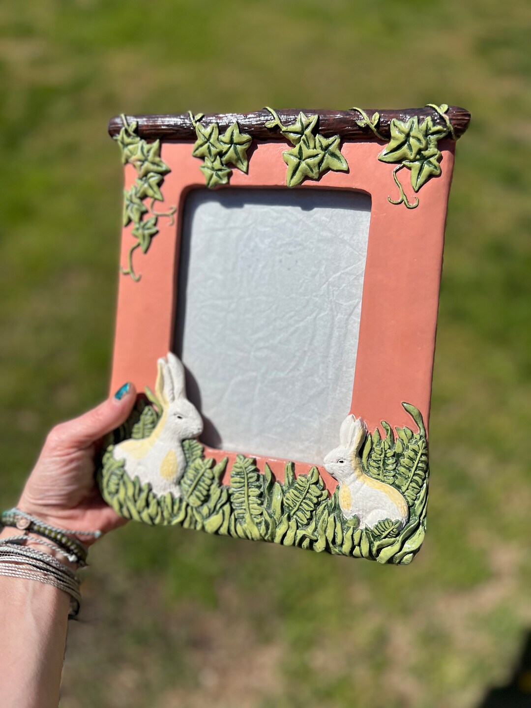 Vintage Pink Ceramic Bunny Rabbit 4x6 Photo Frame Easter Cottage Core ...