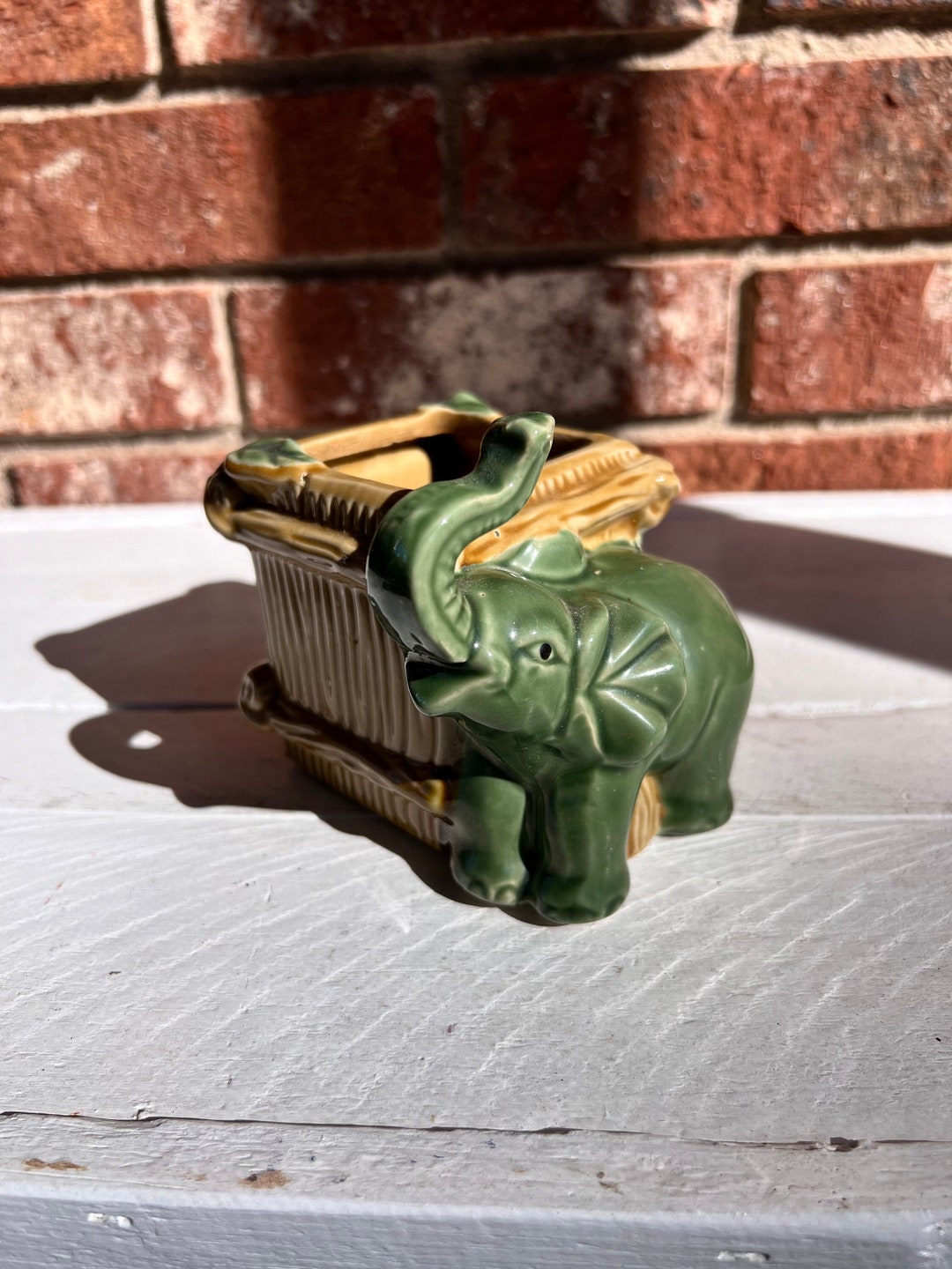 Vintage Ceramic Elephant Planter, Green Trunk up Elephant Figurine ...
