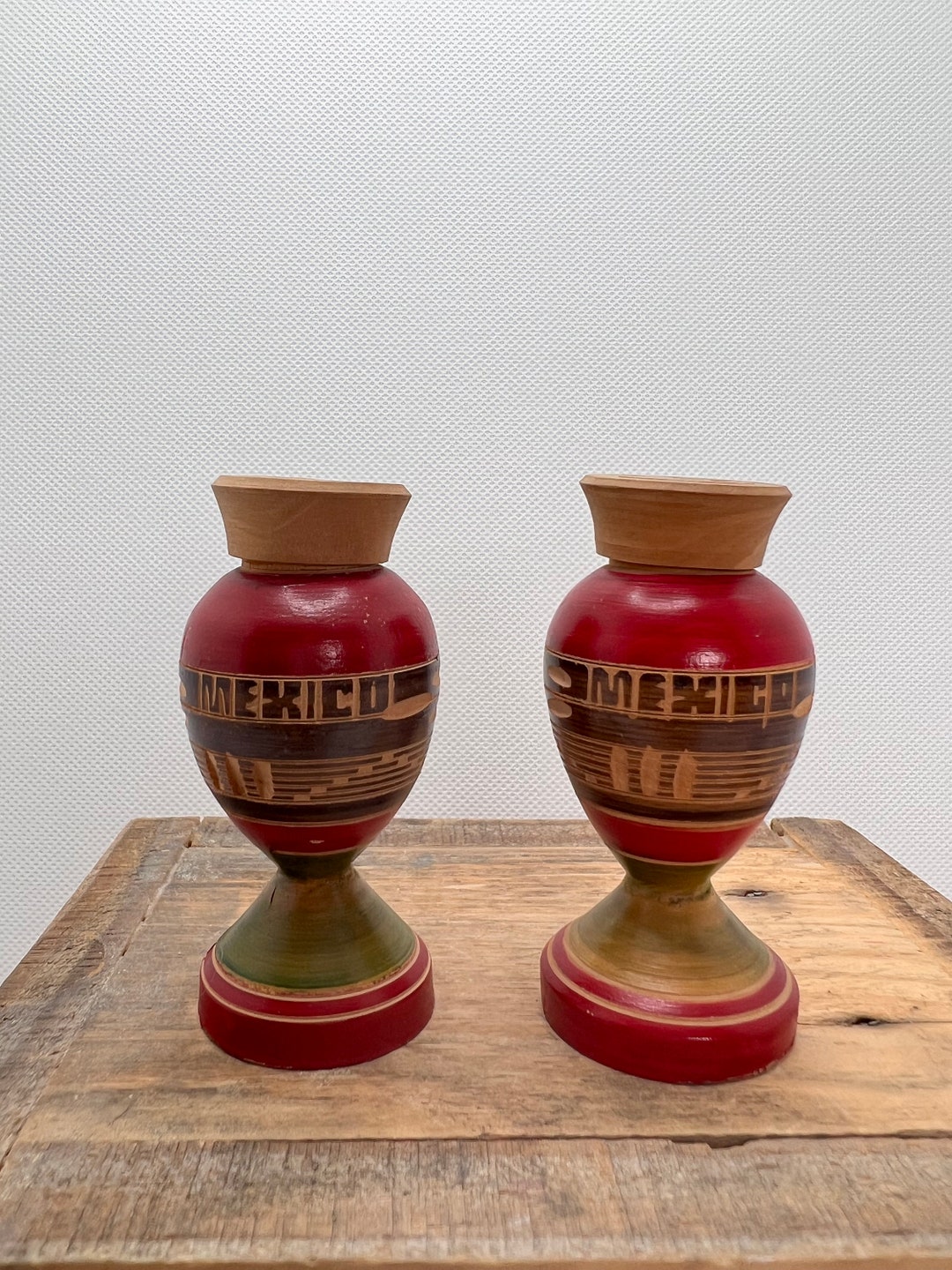Hand-carved Salt and Pepper Shakers Pedestal Mexico Souvenir, Maroon ...