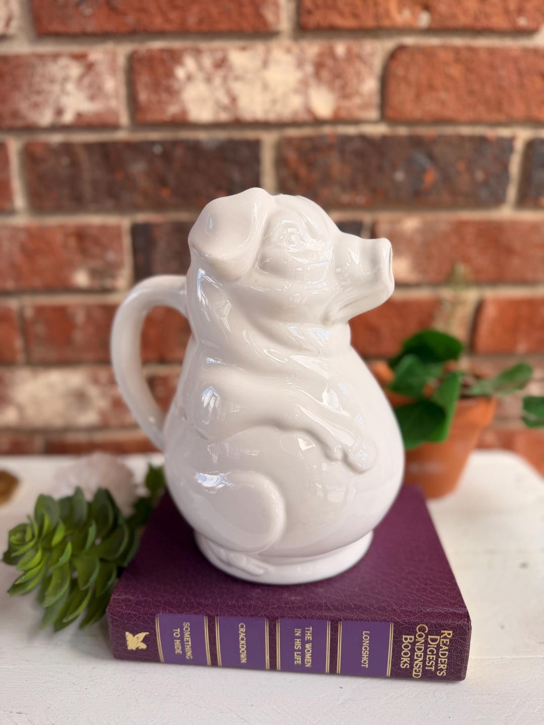 Vintage USA Pottery White Pig Pitcher Jug Farmhouse Hog Country Cottage ...