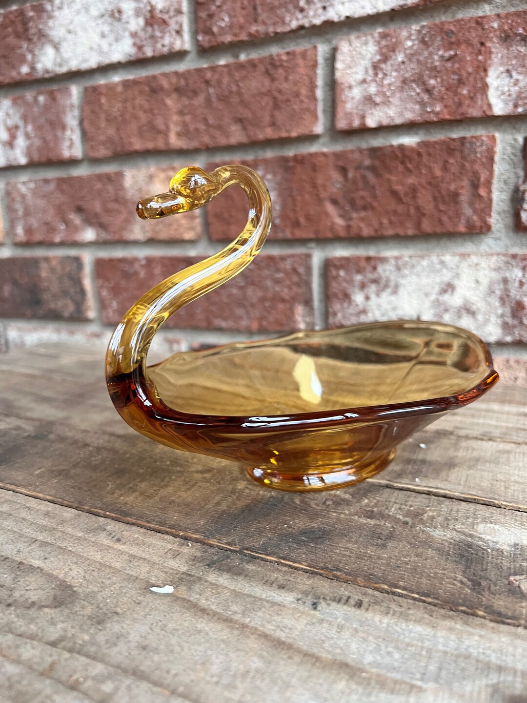 Vintage Viking Glass Amber Swan Candy Trinket Dish W/rippled Edges, MCM ...