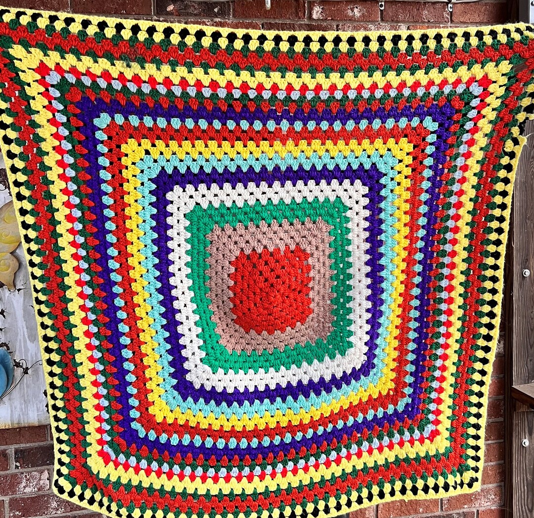 Vintage Granny Crocheted Afghan, Multicolor Blocked Large Bright ...