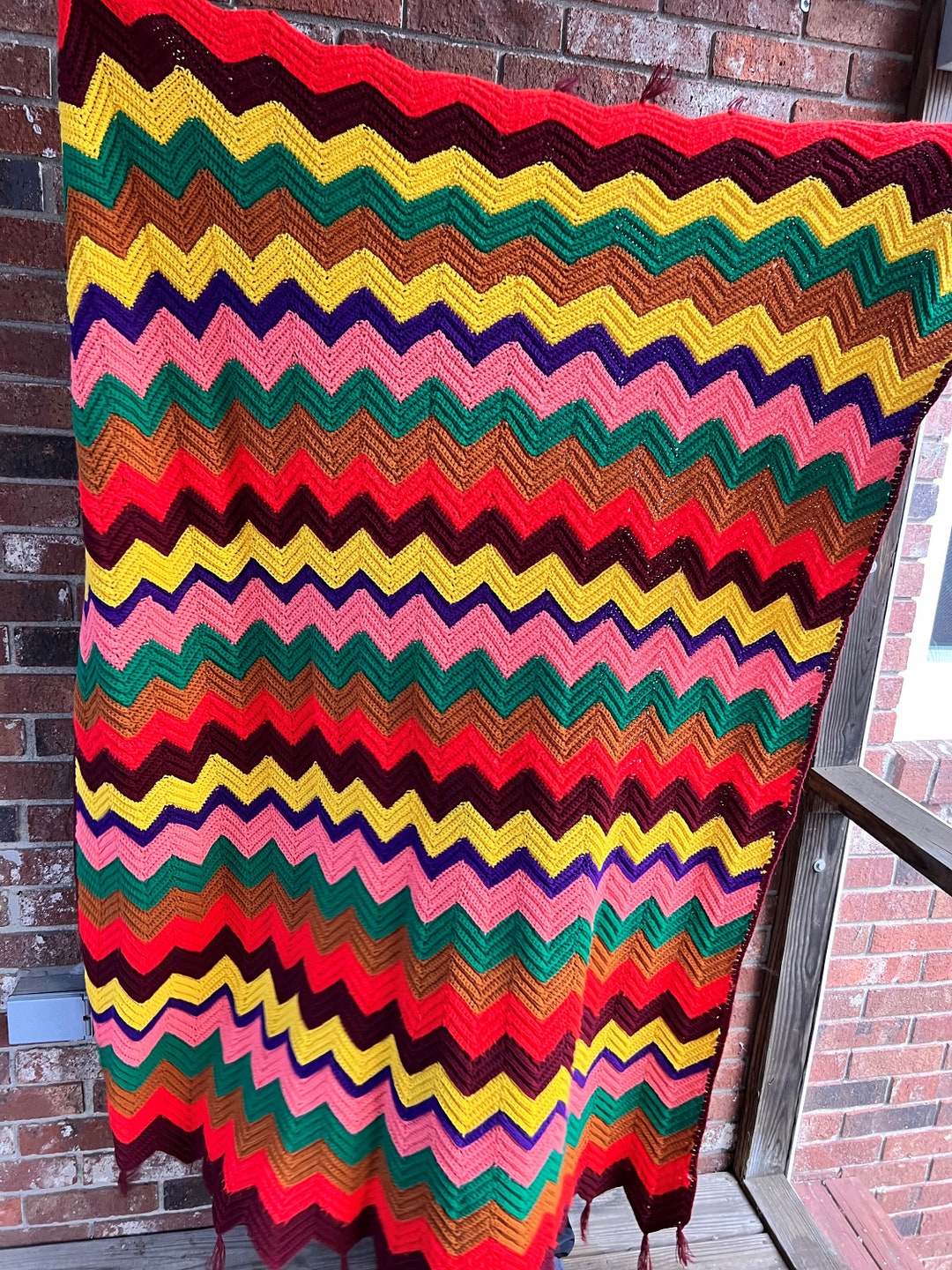 Vintage Handmade Afghan Lap Blanket, Darker Colors, Zig Zag Pattern ...