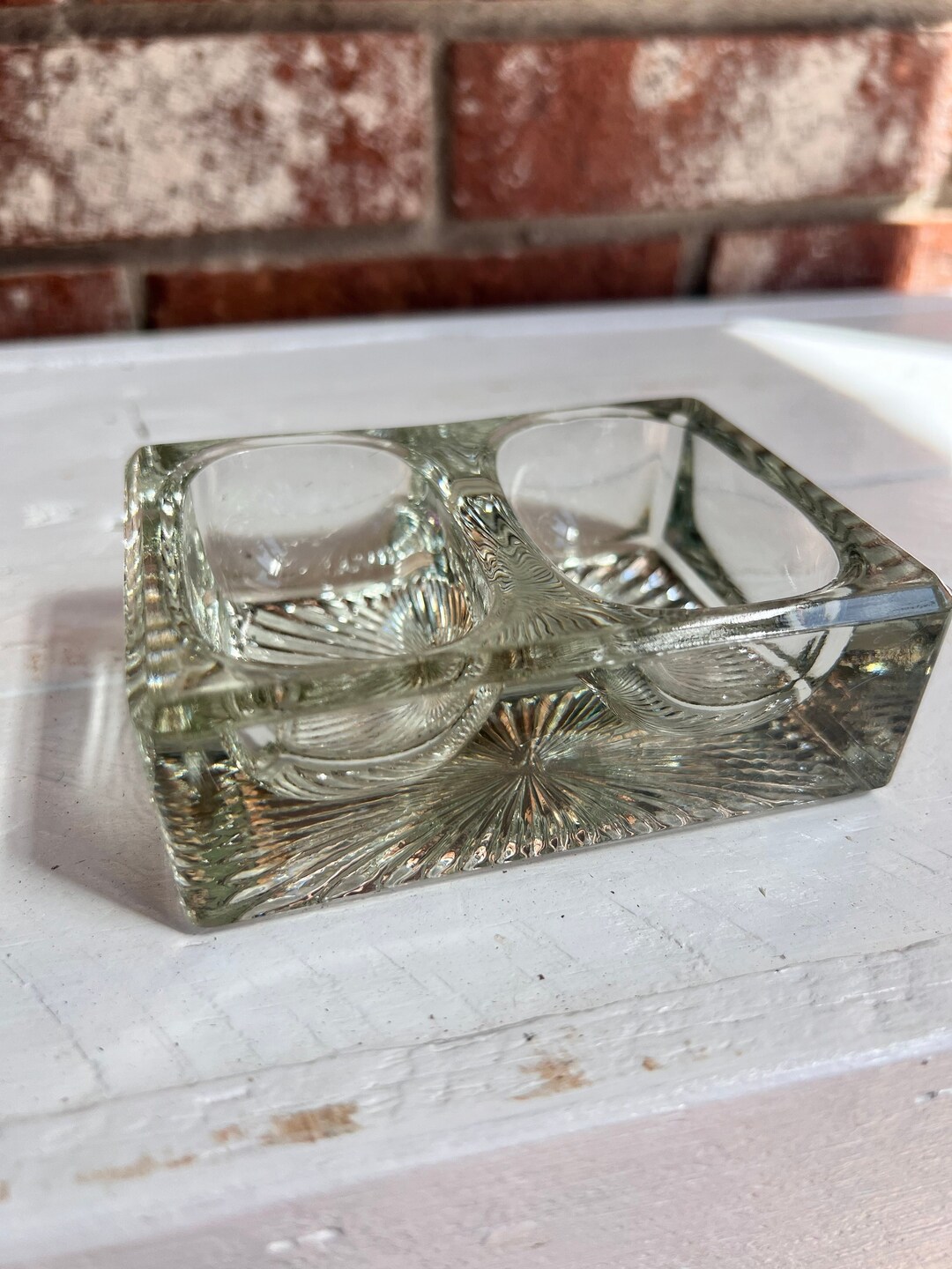 Vintage Double Salt Cellar, Pressed Glass 2 Compartment Trinket Dish ...