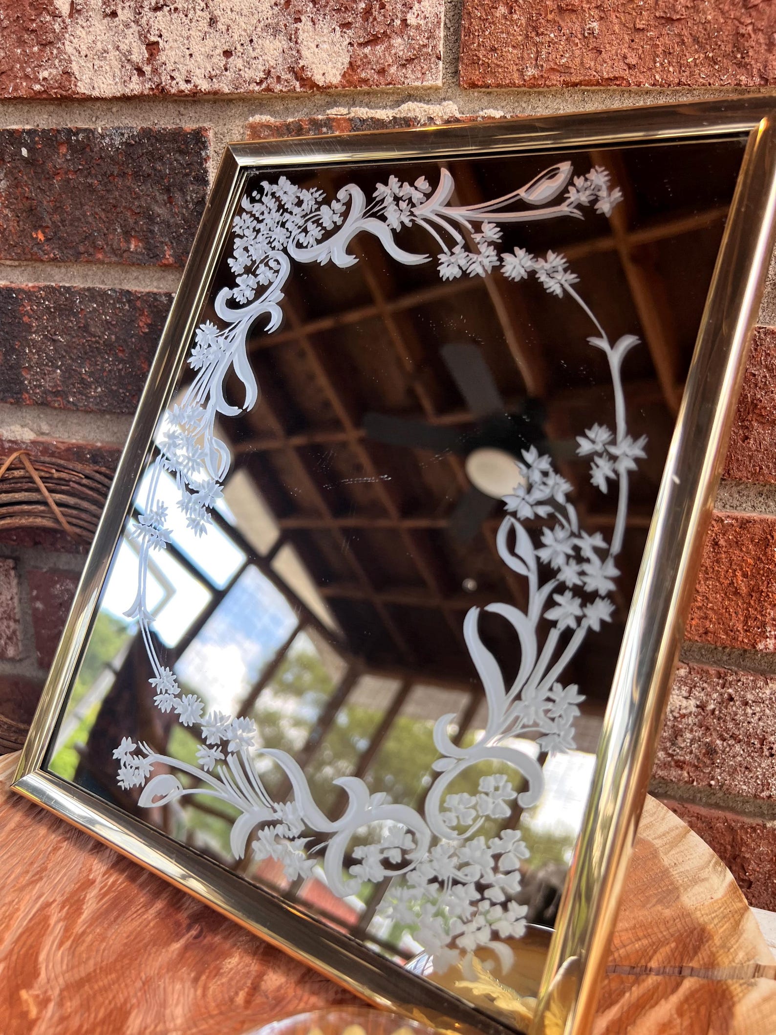 Vintage Mirror, Floral Flowers Frosted Etched Mirror Gold Frame ...