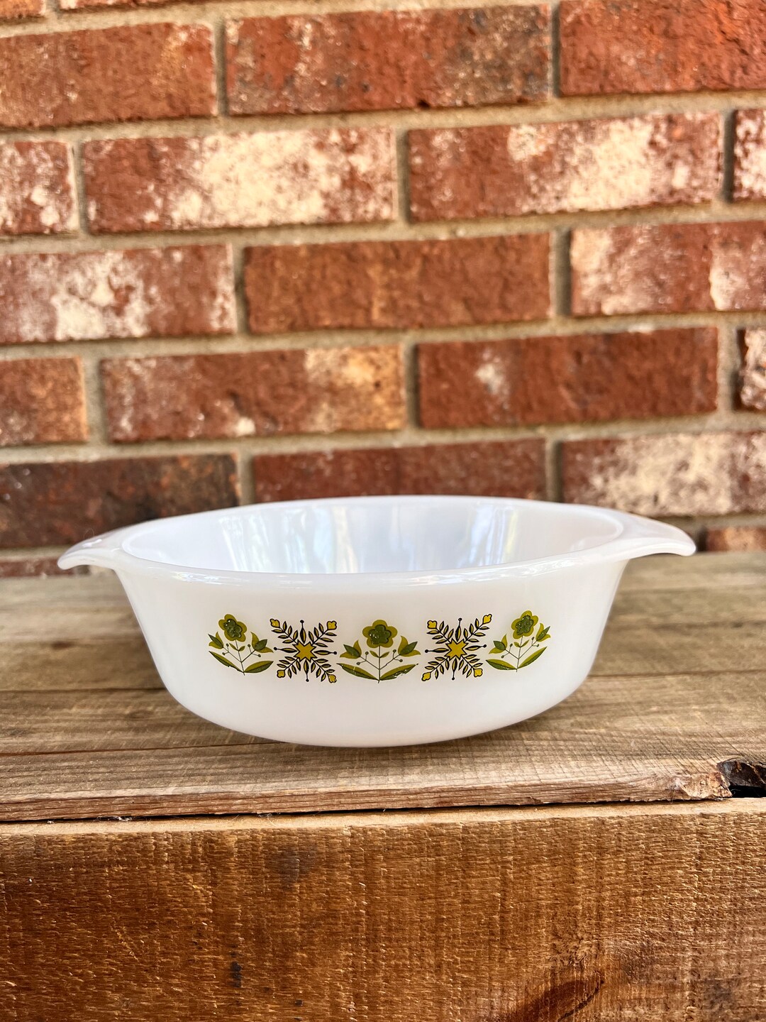 Vintage MCM 60s Glasbake Milk Glass Meadow Green Deep Casserole Baking ...