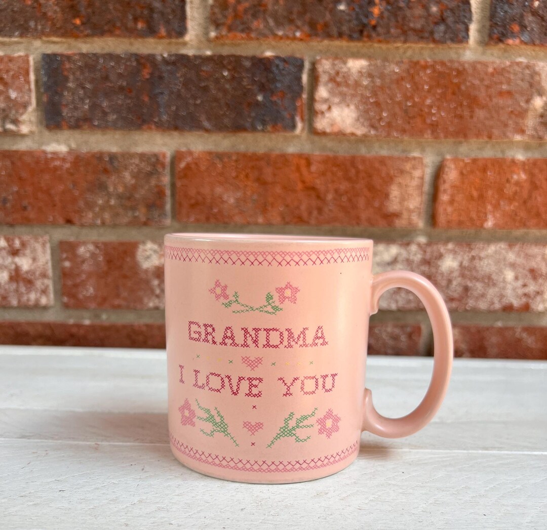 Vintage 1980's Mug, Russ Pink Cross Stitch Grandma I Love You Ceramic ...