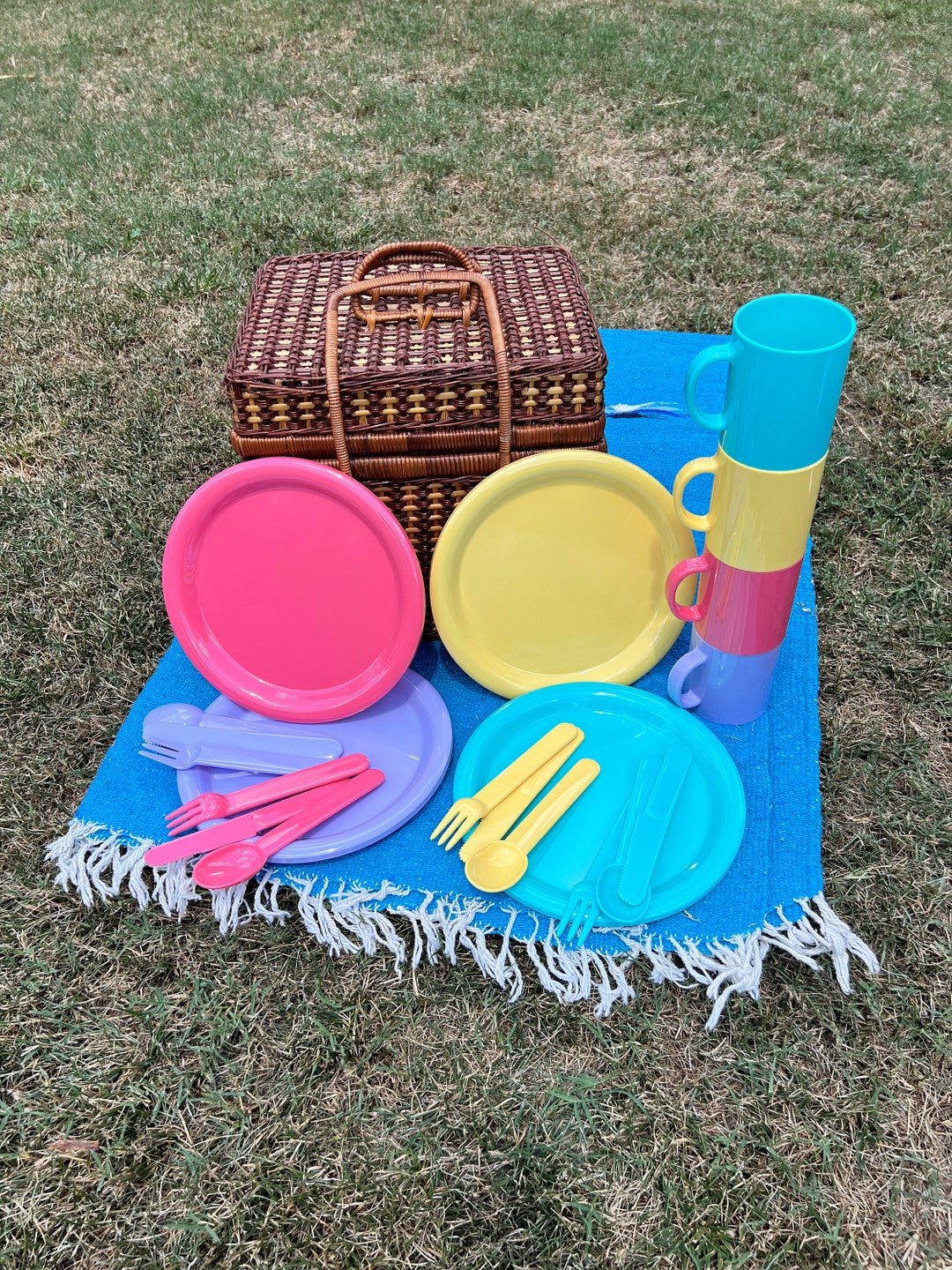 Wicker Picnic Basket Vintage, Durable Plastic Dinnerware Set With Cups ...