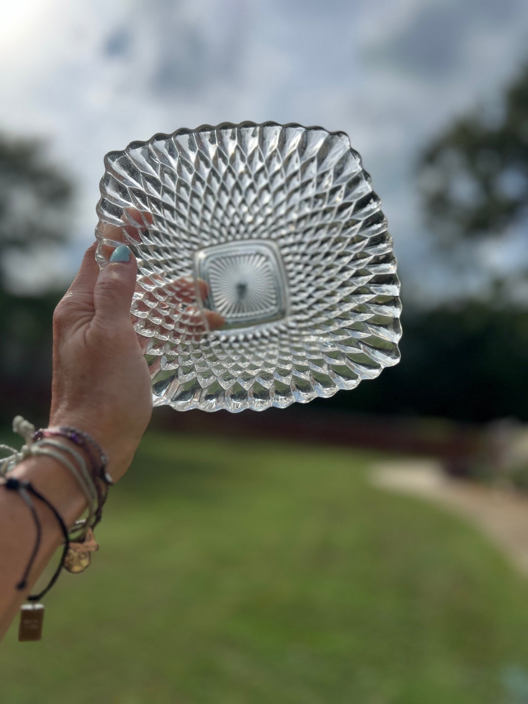 Vintage Clear Indiana Glass Diamond Point Square Candy Nut Dish Saucer ...