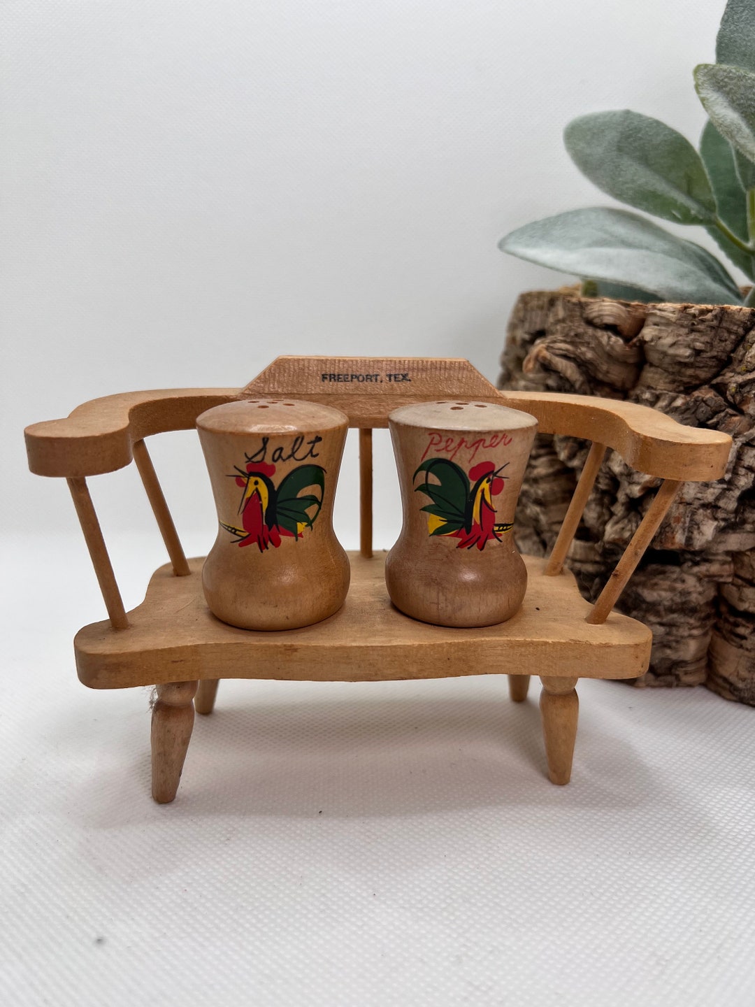 Vintage Wood MCM Salt and Pepper Shakers With Wooden Bench Base Rooster ...