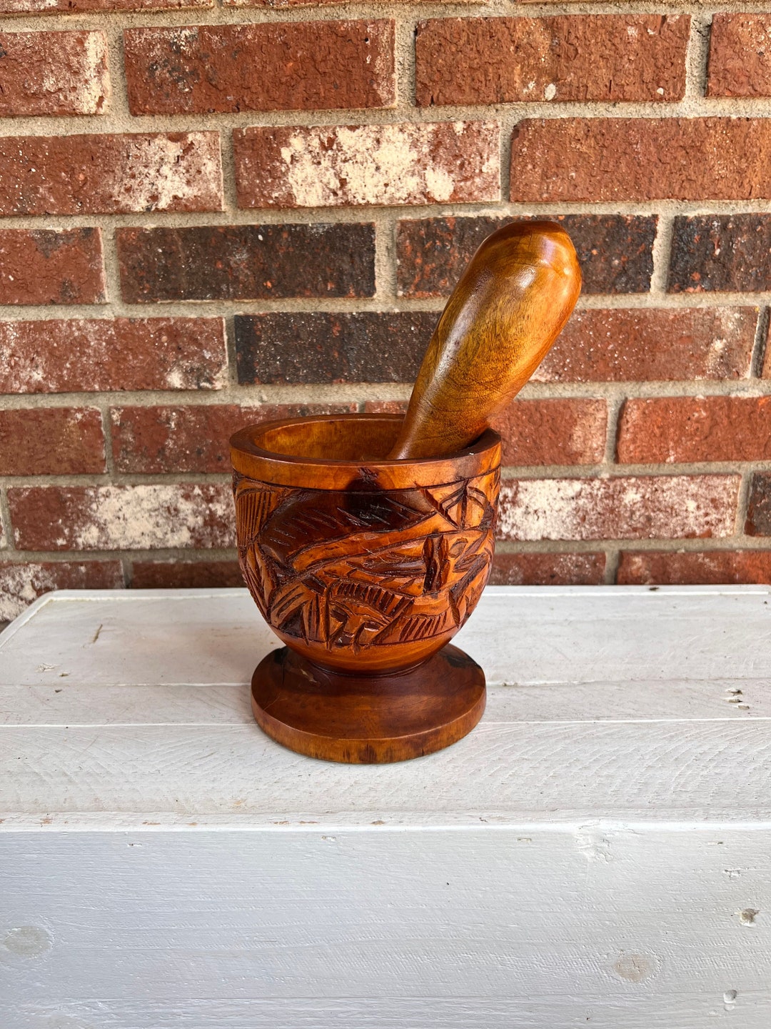 Vintage Wood Mortar & Pestle Grinder Hand Carved Floral Flower Design ...