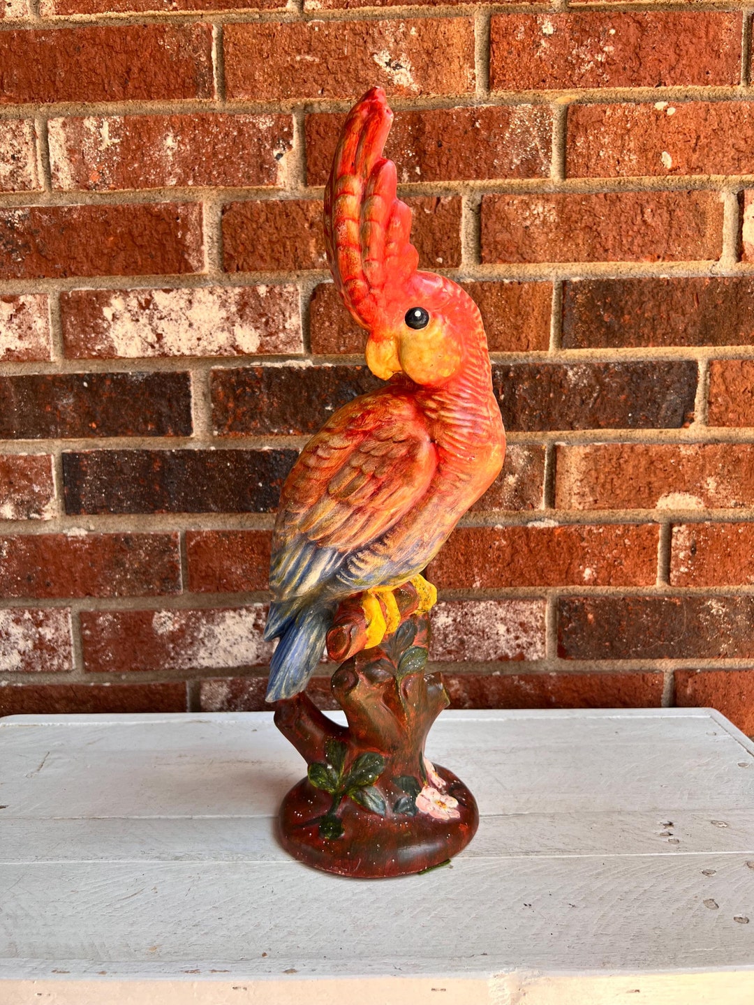 Vintage Parrot, Ceramic Parrot Bird Perched on Stump With Flowers Tall ...