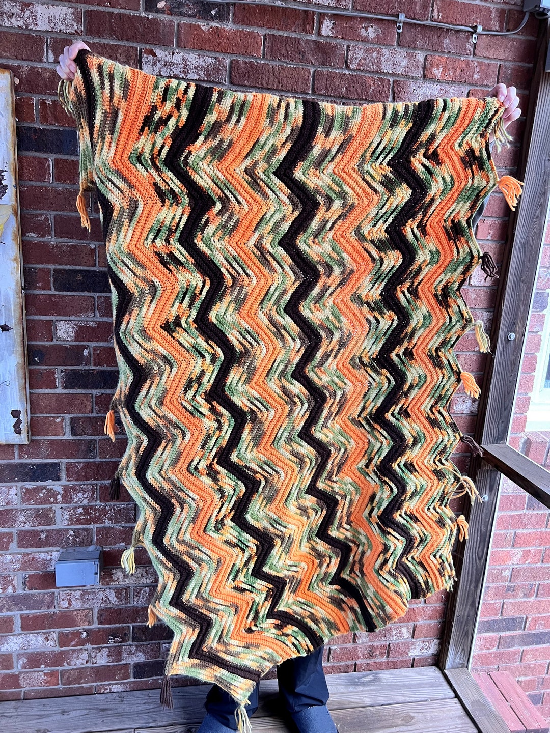 Vintage Handmade Afghan Lap Blanket, Earth Tone Colors, Zig Zag Pattern ...