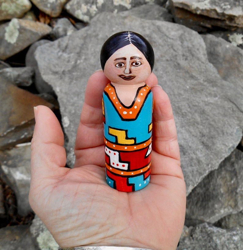 Wooden Peg Doll Aztec Doll India Woman Pretend Play - Etsy