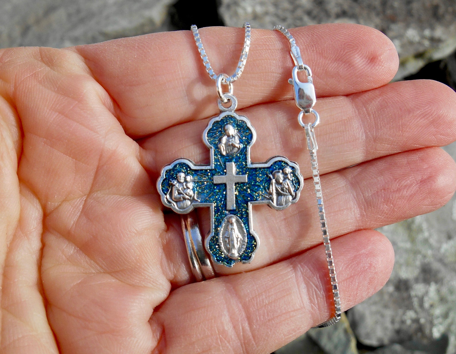 5 Way Crucifix Blue Accent, Large 1 1/4" Catholic Mens/boys Cross ...