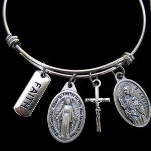 Saint Agnes Bangle Bracelet- Stainless Steel- Miraculous Medal- Cross ...