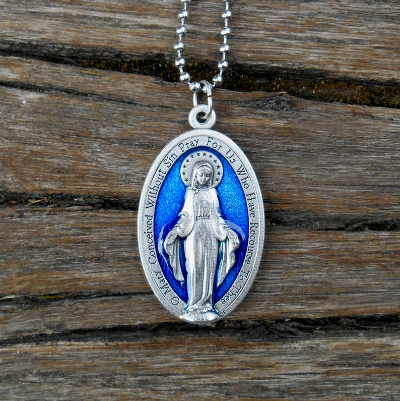 XL Blue Enamel Miraculous Medal Miraculous Necklace Catholic - Etsy