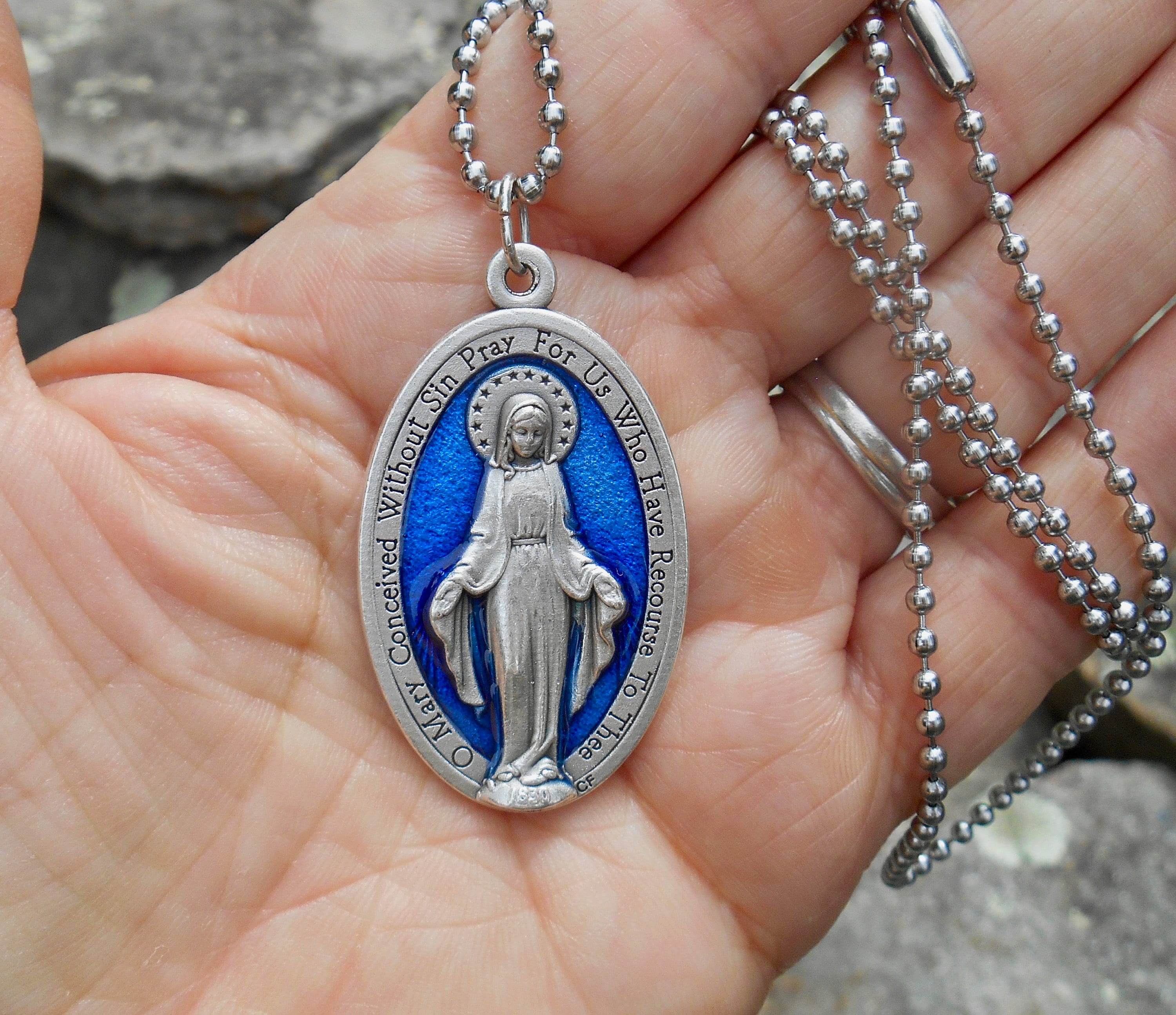 XL Blue Enamel Miraculous Medal Miraculous Necklace Catholic - Etsy