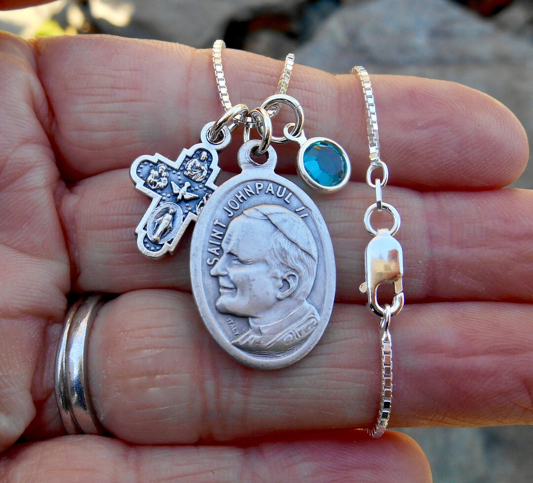 Saint Pope JP II Necklace - 4 Way Cross - Swarovski Birthstone - Patron ...