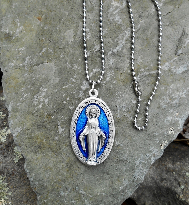 XL Blue Enamel Miraculous Medal Miraculous Necklace Catholic - Etsy