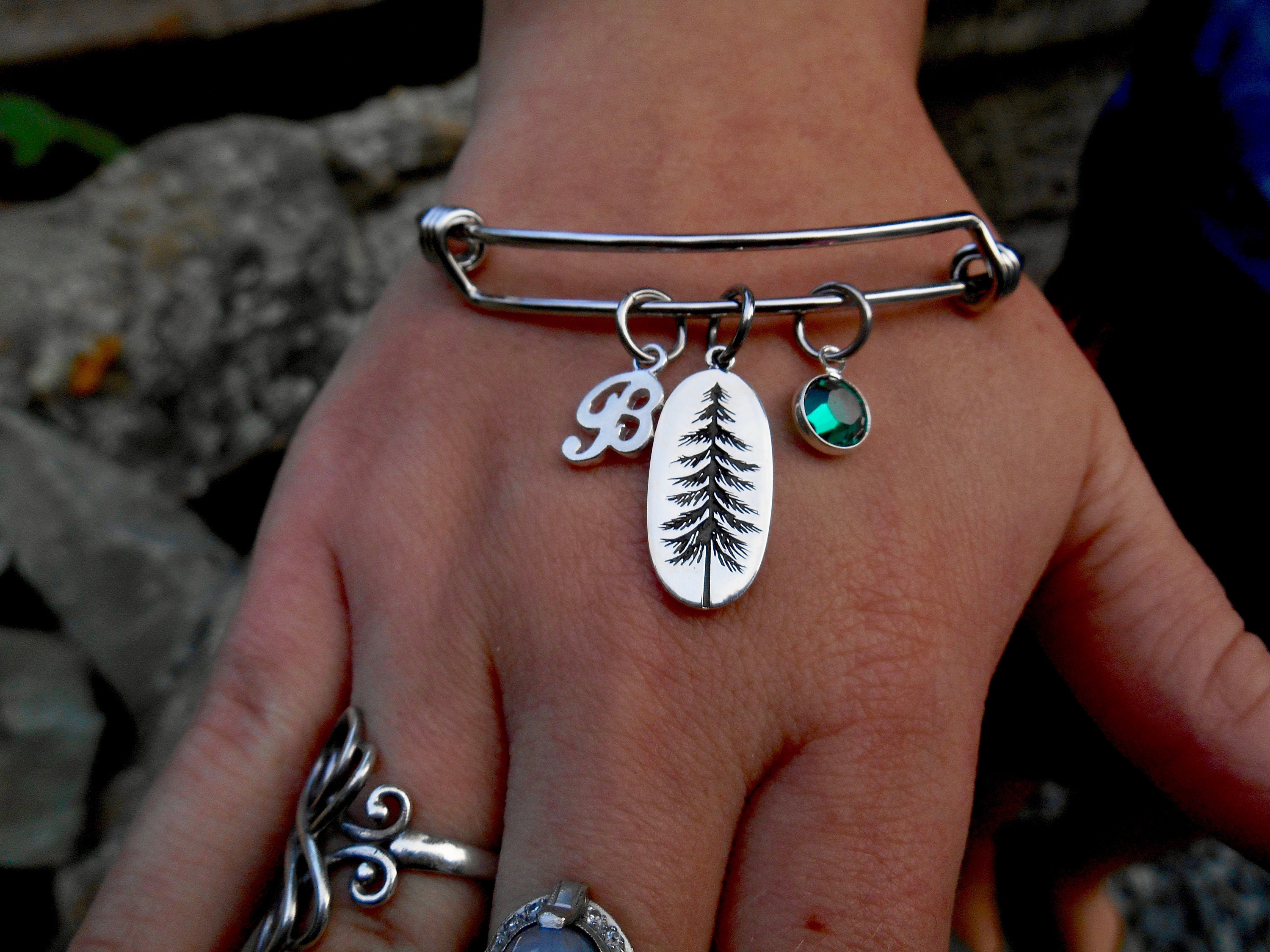 Pine Tree Charm Bracelet, Pine Tree Bangle, Environmentalist, Sterling ...
